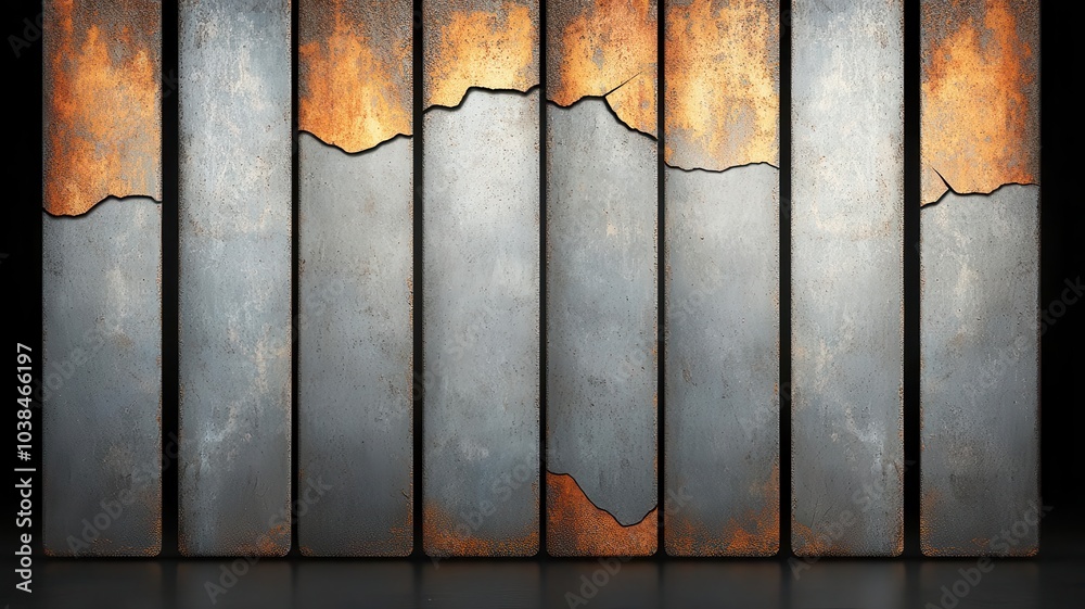 Cracked metal panel with a blend of rusty and dry gray patches ...