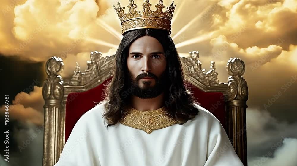 Jesus Christ depicted as King seated on a throne under divine light ...