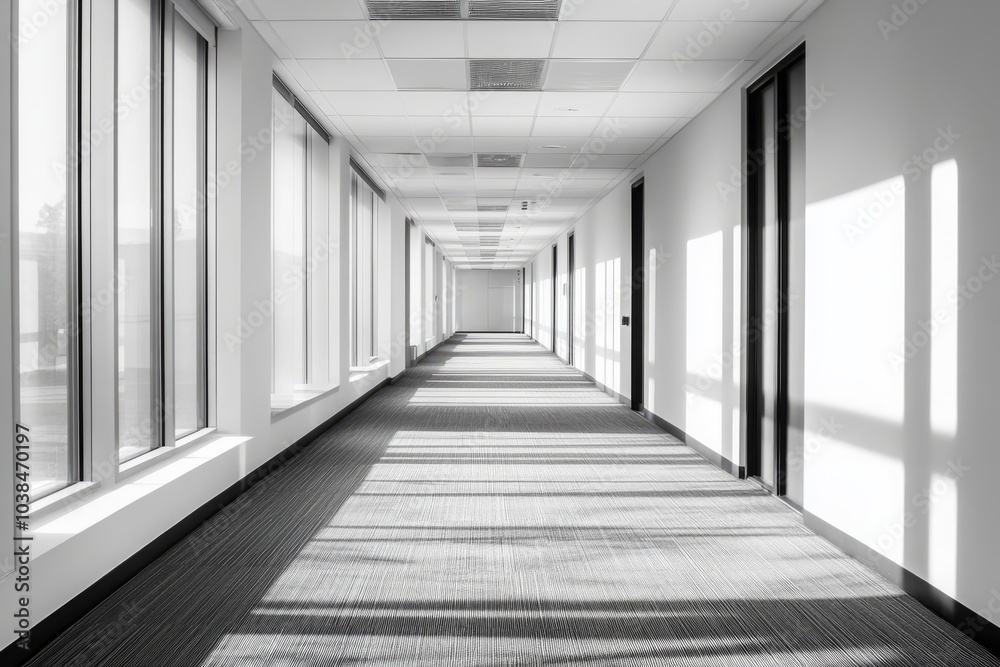 empty hallway, very long corridor with many doors for rooms of hospital ...