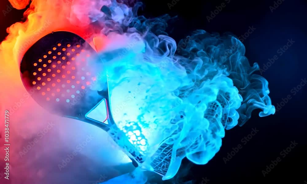 Padel tennis racket in neon lights. Background with copy space. Mockup ...