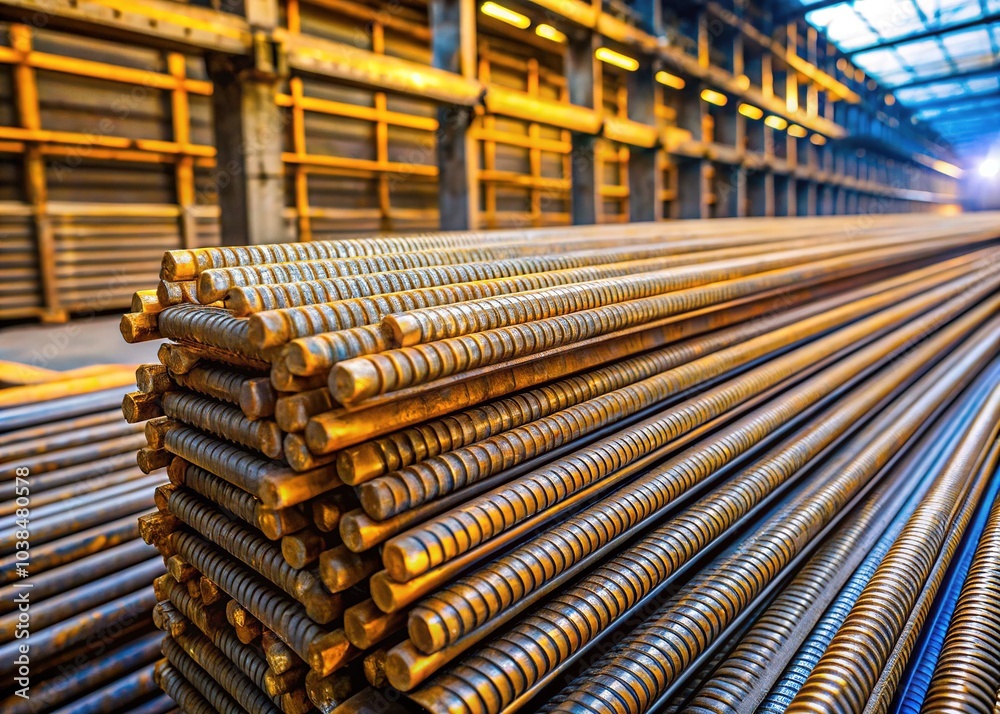 Rebar Storage: Periodic Profile Steel Bars in Warehouse Stock ...