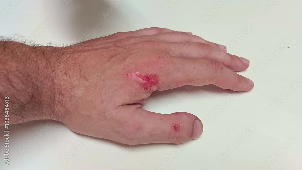 Putting antiseptic cream on an abrasion of the hand as prophylaxis ...