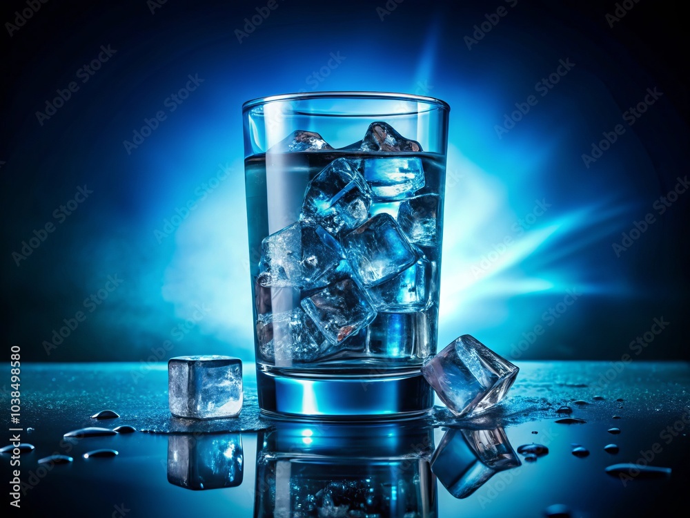 Chilled water in a clear glass with ice cubes, set against a ...