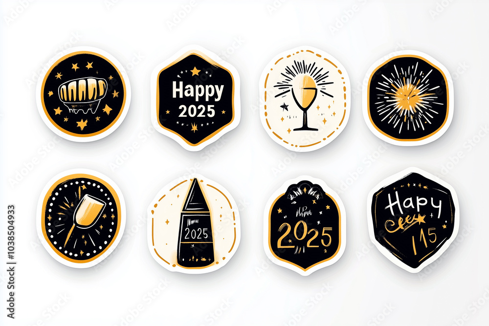 a set of 8 minimalistic New Year’s stickers, featuring clean, modern ...