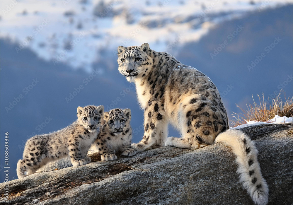 Schneeleopard, Irbis oder Unze (Panthera uncia) Muttertier mit Jungen ...