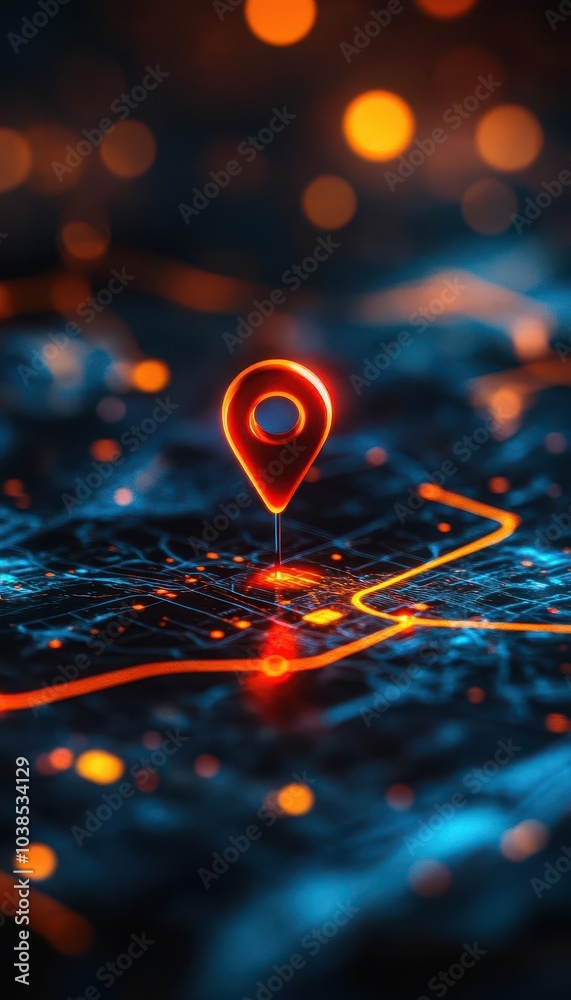 Digital map with a glowing GPS pin and route path, symbolizing location ...