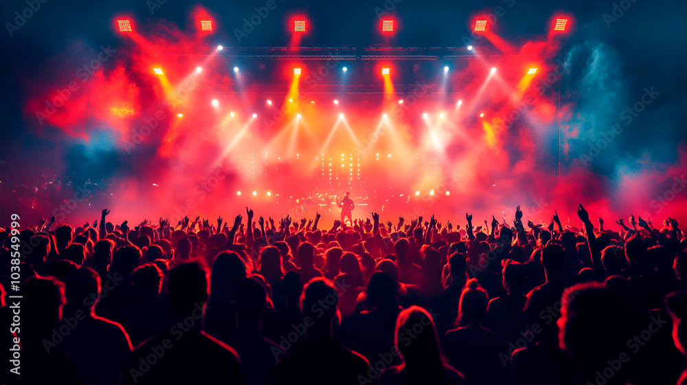 Silhouettes of audience enjoying a live concert with dramatic red stage ...