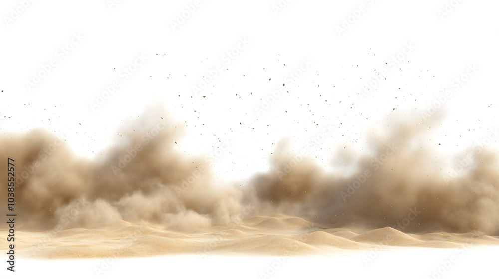 Realistic dust cloud explosion isolated on white background, perfect for visual effects, digital ...