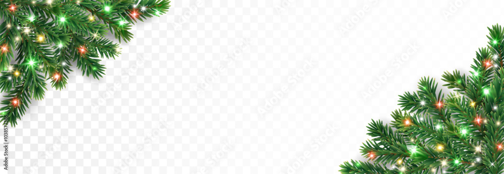 Christmas tree seamless garland with glowing sparkling Christmas lights ...