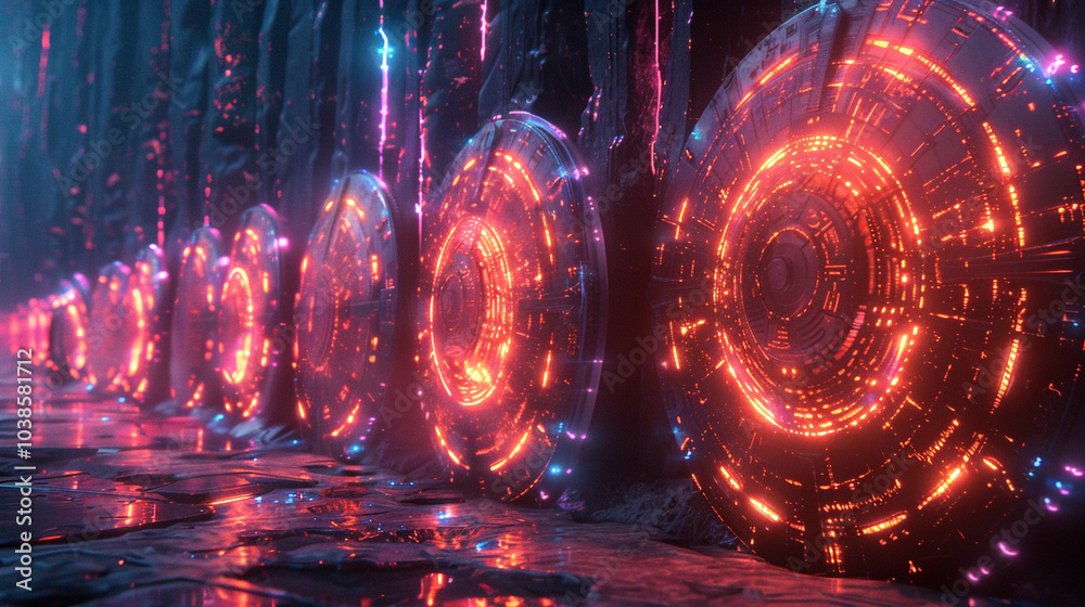 Fields of glowing shields arranged in formation, each shield shimmering ...