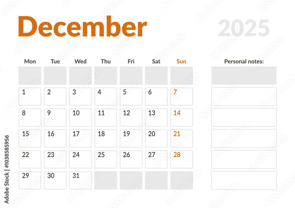 Monthly page Calendar Planner Template of December 2025 – Poszter vagy ...