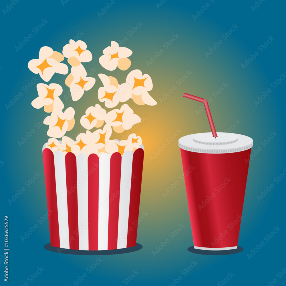 3D bowl full of popcorn and paper glass of drink soda. Popcorn in ...