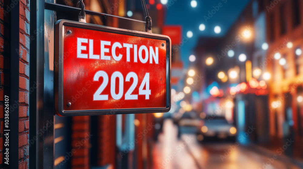 A red sign with white lettering announces the 2024 election in a city ...