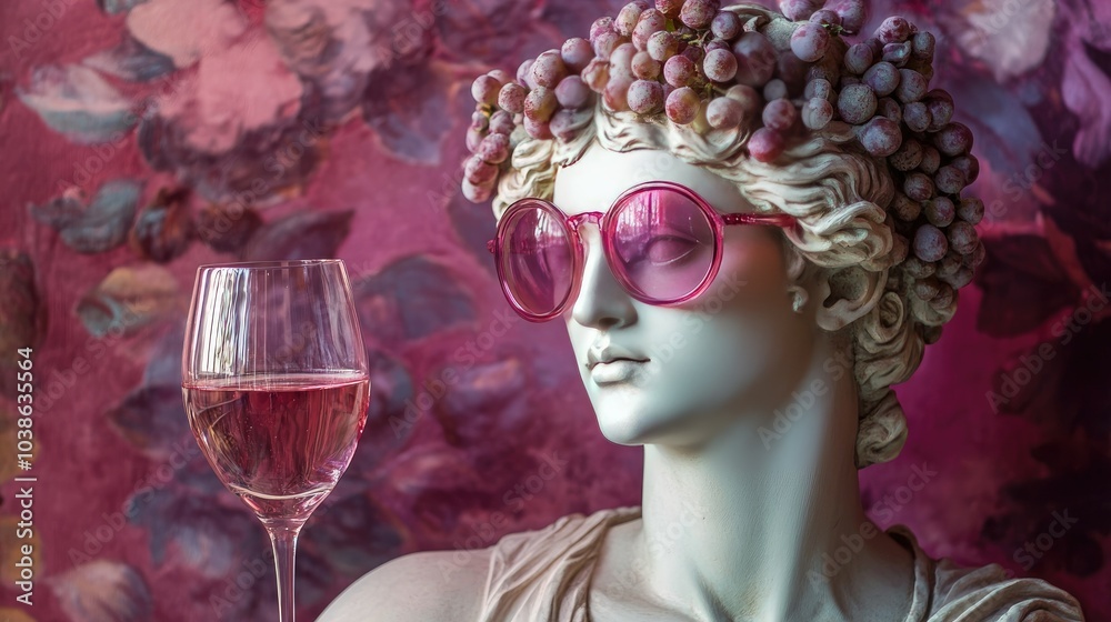 Bust of Dionysus with rose-colored glasses and a wine glass, blending ...