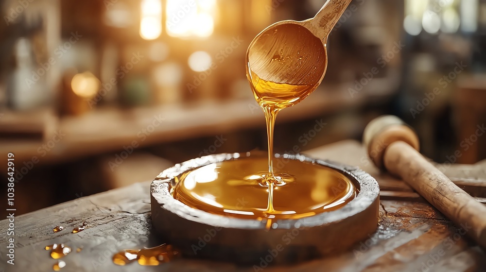 Liquid gold pouring into a mold, glowing brightly in a dark workshop ...