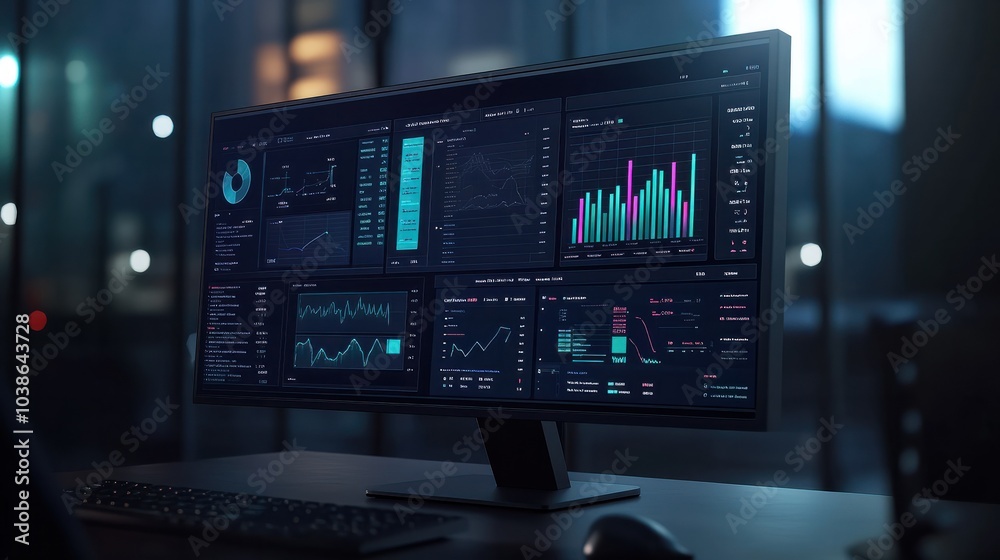 Network Monitoring Dashboard on Computer Monitor: Abstract Design Featuring Real-Time Data ...