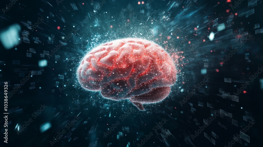 AI Brain in Data Streams, 3D illustration of an artificial intelligence ...