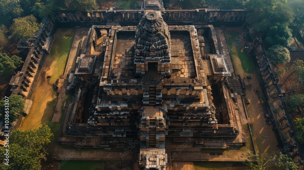 Overhead view of aged temple ruins amidst a thick forest, highlighting ...