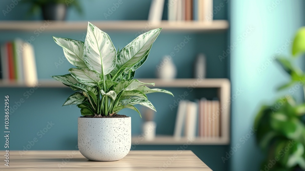 Silver Queen Aglaonema placed near a modern bookshelf, enhancing the ...