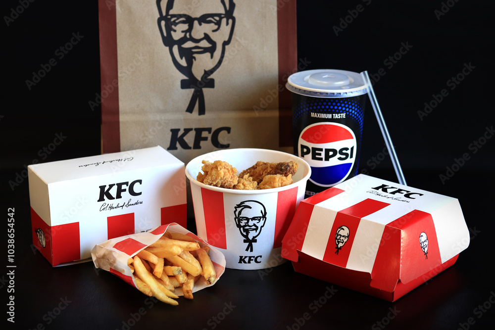 Kyiv, Ukraine - October 20, 2024: KFC. Strips bucket, burger, standard ...