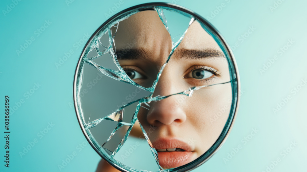 person looking into fractured mirror, reflecting sense of introspection ...