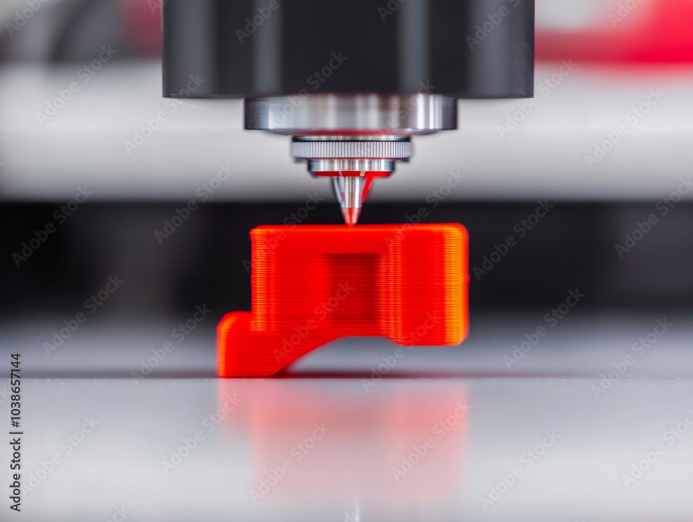 Close up of 3D printer head assembling small red object, showcasing ...