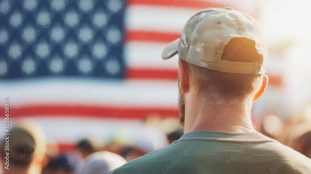 Veterans standing in solidarity with large American flag in background ...