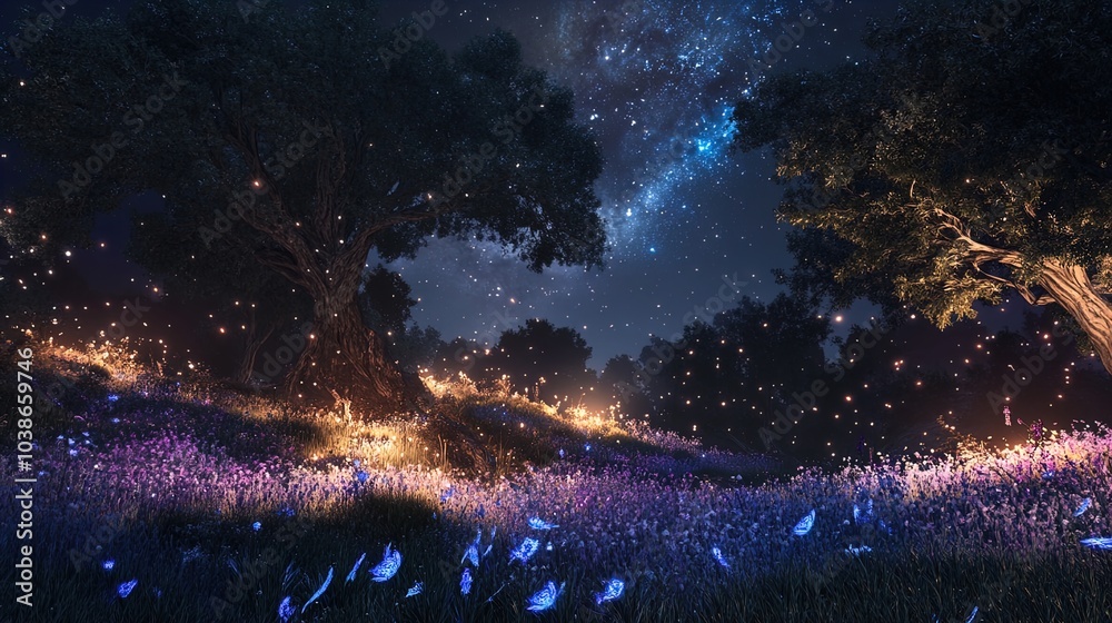 A mystical scene unfolds under a starry night sky filled with a ...