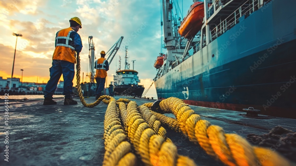 Workers fastening mooring lines to a dock as a vessel arrives at the ...