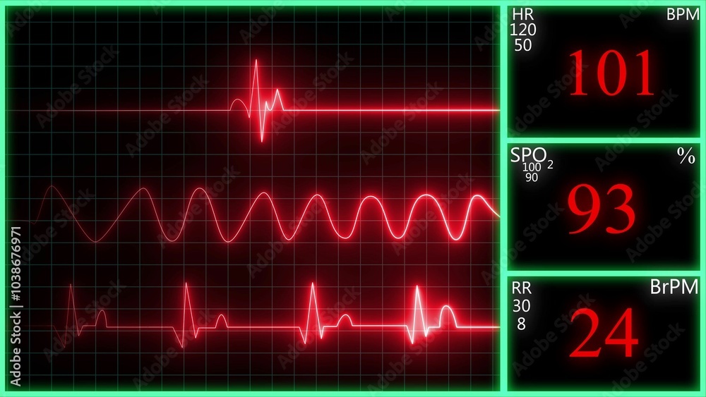 Glowing neon blue, red color heartbeat and pulse line with grid ...