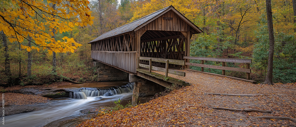 AI generator image of quaint covered bridge in the fall, with vibrant ...