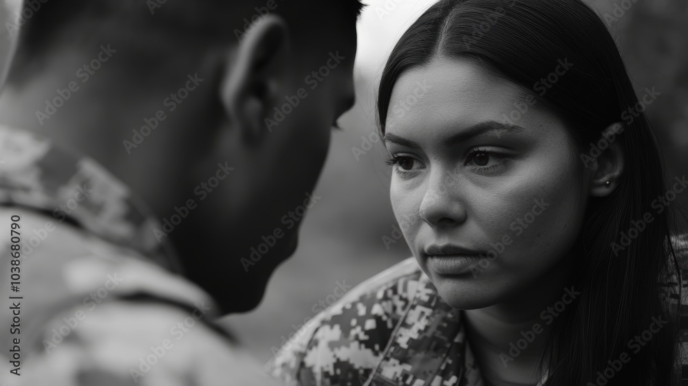 A black and white close-up shot of two soldiers in a serious, intense ...