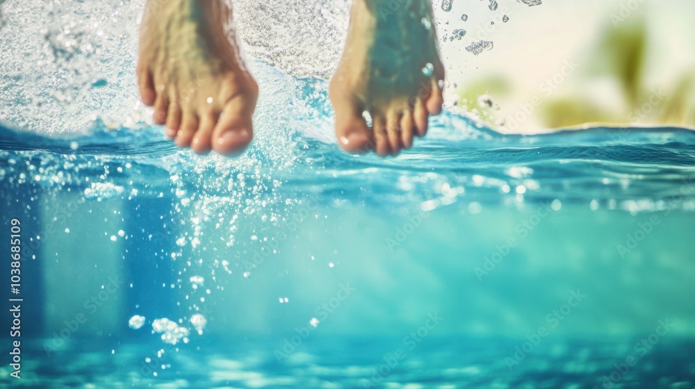 A swimmer's feet diving into clear blue water, indoor setting at the ...