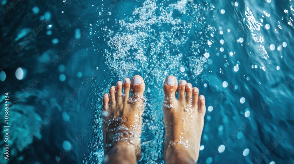 A swimmer's feet diving into clear blue water, indoor setting at the ...
