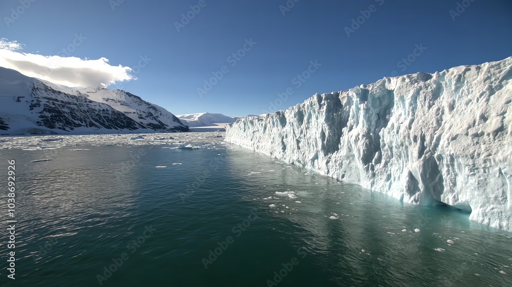Glacier calving into the ocean with rising sea levels, symbolizing the ...