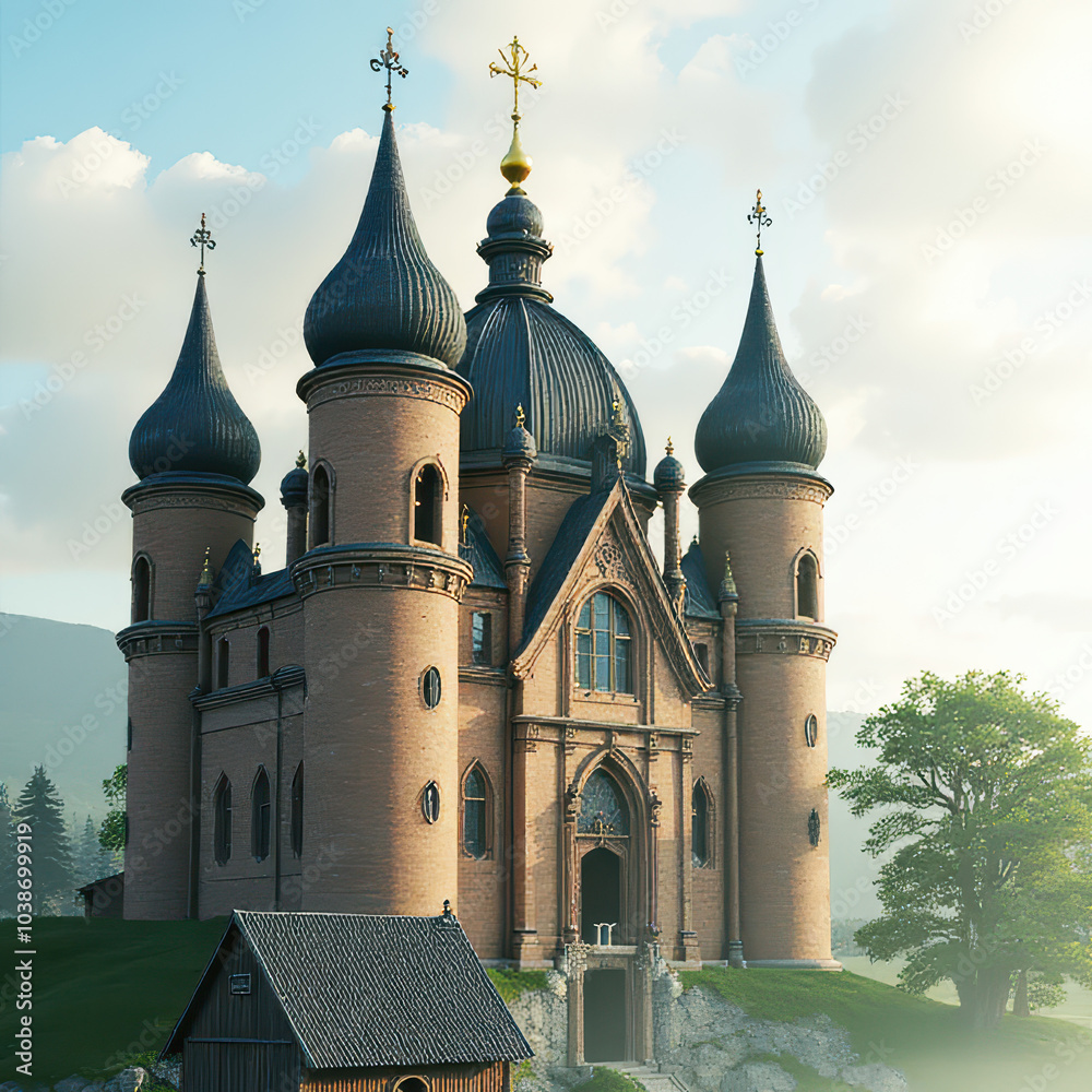 All three images show majestic castles with tall towers. The castles ...