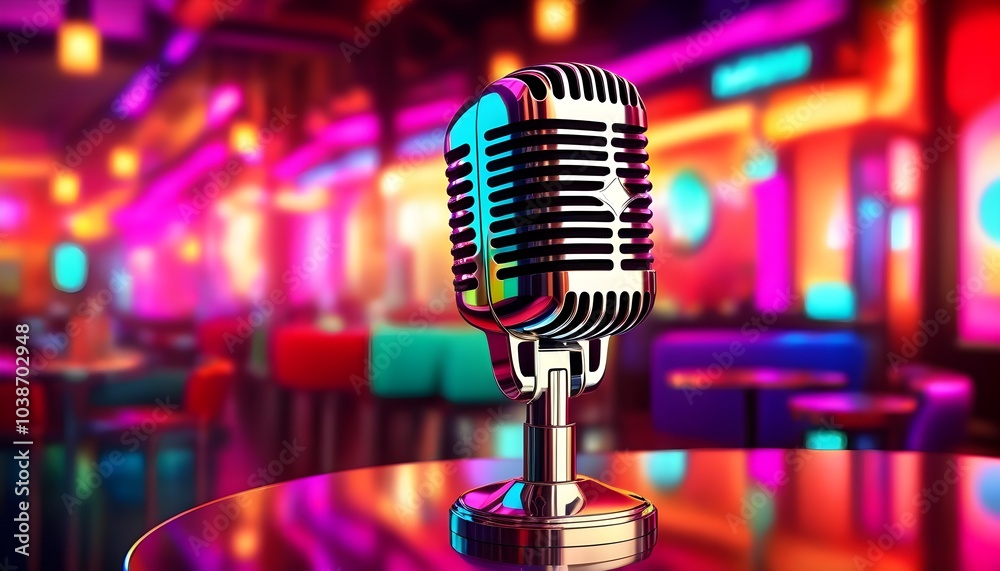 Vintage chrome microphone in a vibrant 1950s diner with neon signs ...