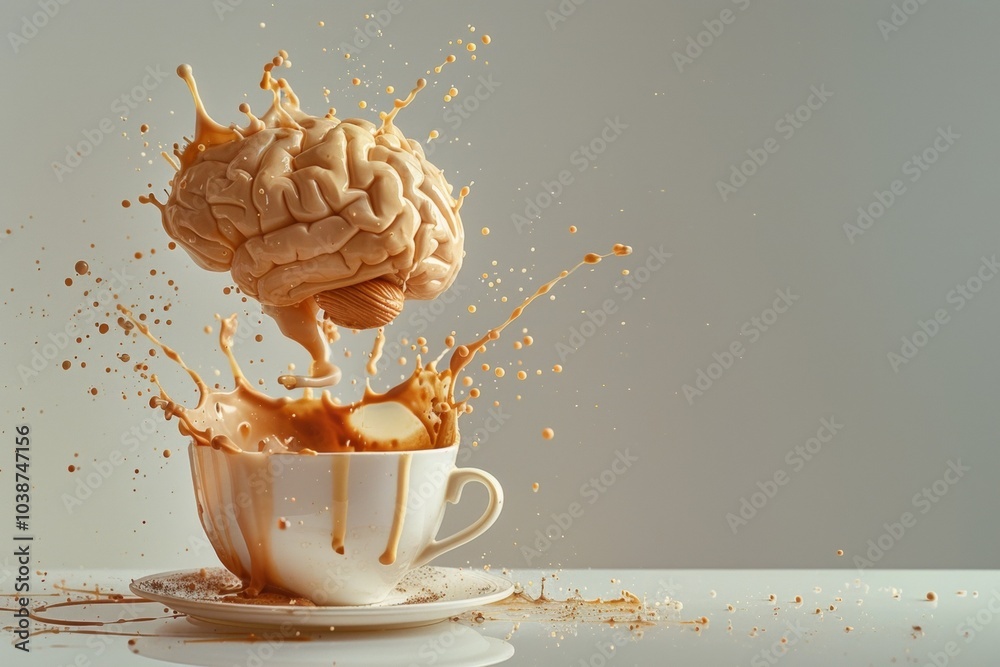 An abstract depiction of a floating brain hovering over a coffee cup ...