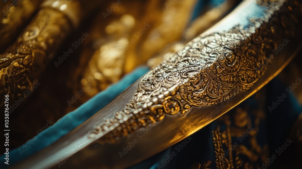A close-up of an intricately designed Sikh kirpan, shining in the soft ...