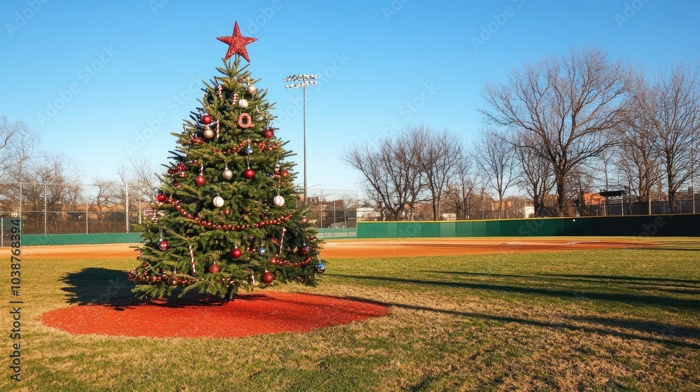 Christmas Tree Adorned With Decorations in a Baseball Field Setting ...