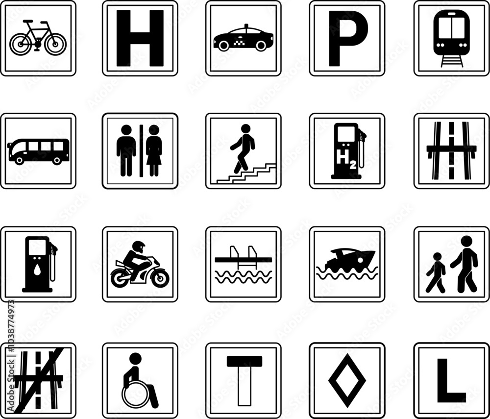 Square Road Signs. Vector Icons. Parking, Train Station, Hospital ...