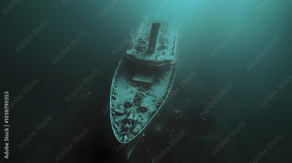 An overhead view of the ship wreck, resting on the dark ocean floor ...