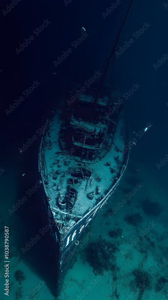 An overhead view of the ship wreck, resting on the dark ocean floor ...