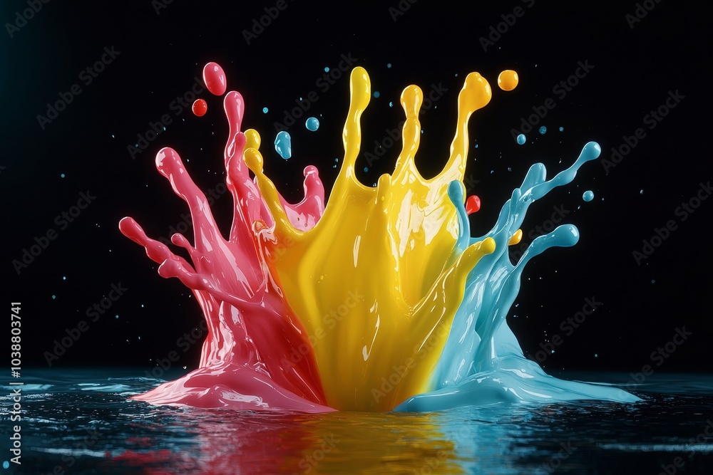 Vibrant Fluid Splash Trio Pink, Yellow, Blue Liquids on Black - Dynamic ...