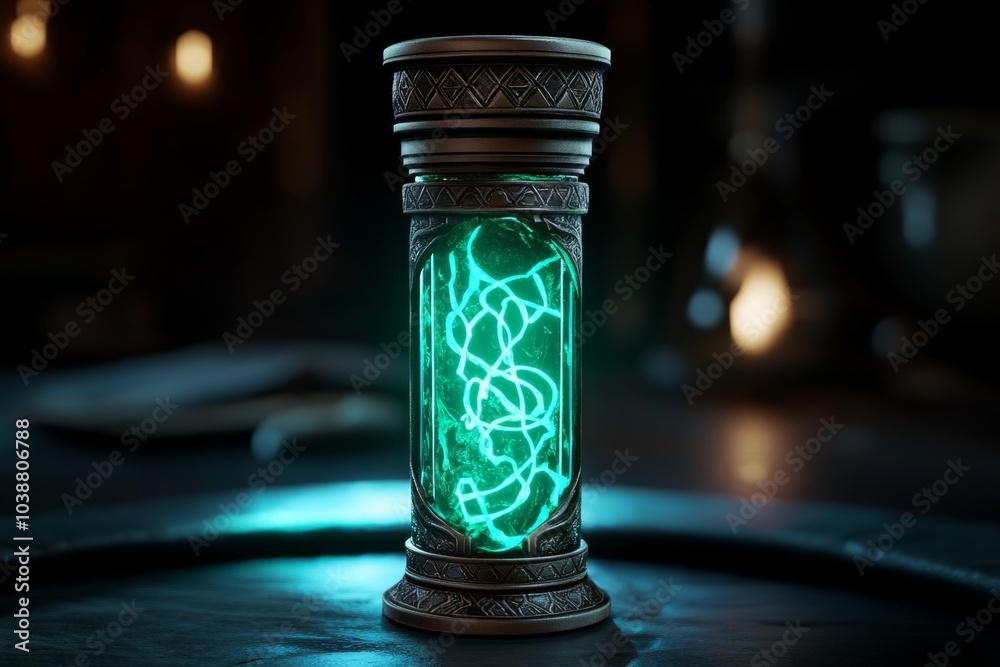 Gothic vaccine vial, with intricate, dark designs and glowing liquid in ...