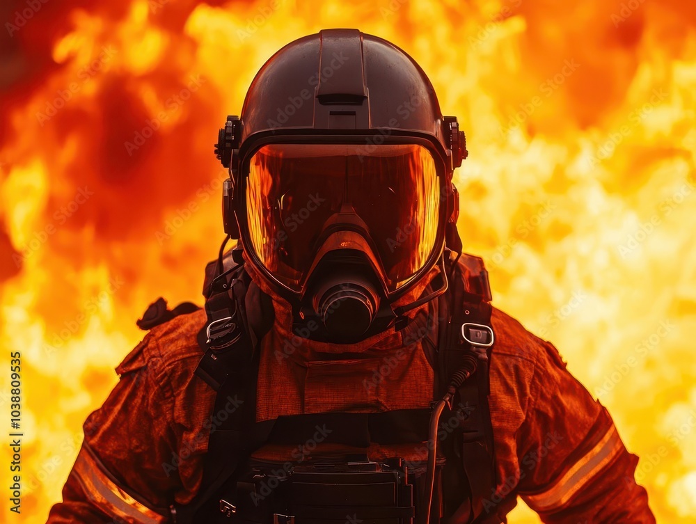 Firefighter in futuristic protective gear fighting flames in a scifi ...