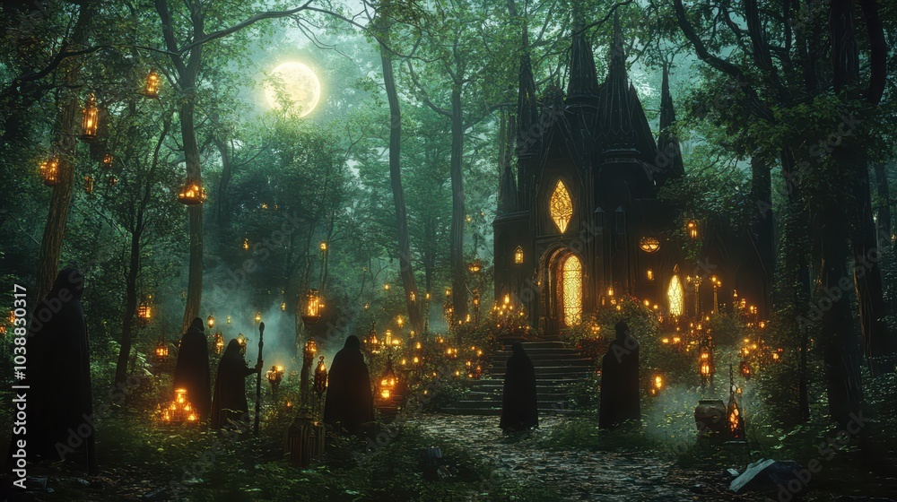 A Gothic witches' lair deep in the forest, filled with glowing crystals ...