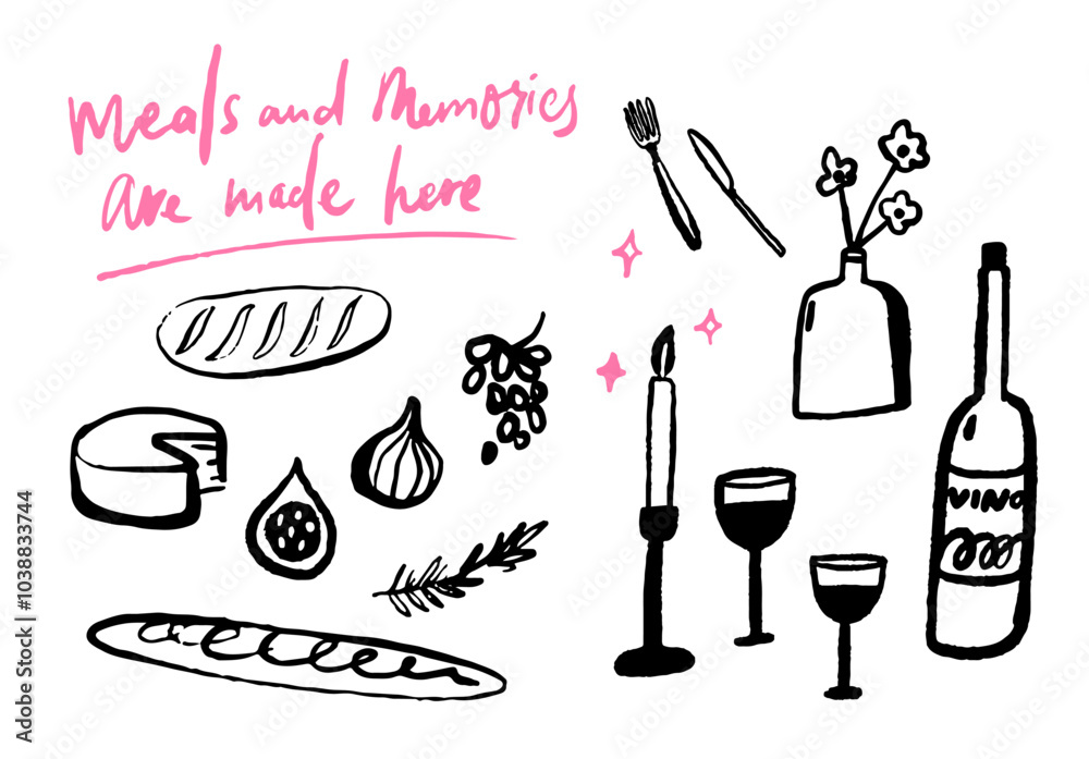 Dinner with wine doodles illustration set. Inspirational quote meals ...