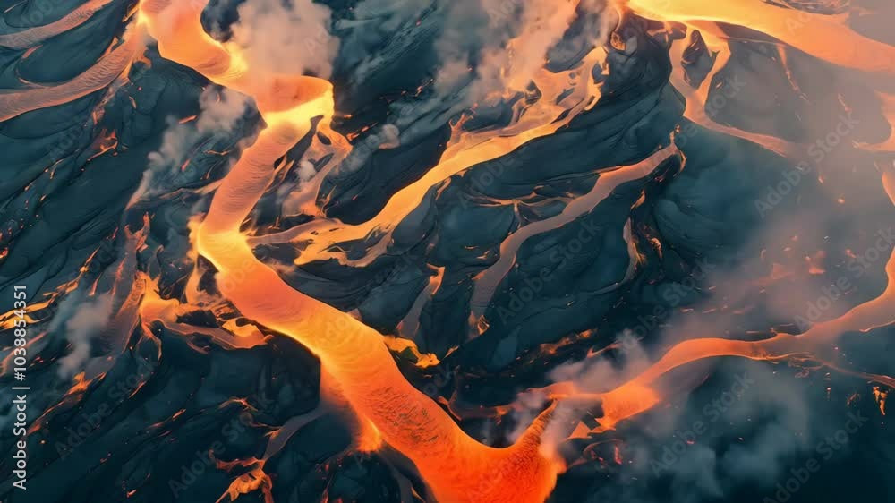 Volcanic eruption process. Closeup texture of flowing hot lava and ...