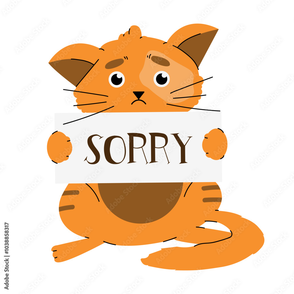 Flat vector illustration of card with sad cat holding 'sorry' sign ...